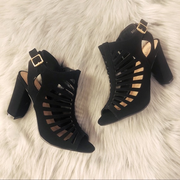 Shoes | Black Open Toe Bootiesandal Block Heel | Poshmark